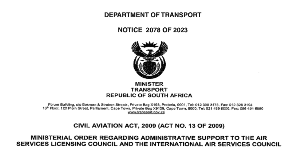 SAHPA - Ministerial Order regarding the Air Services Licensing Council
